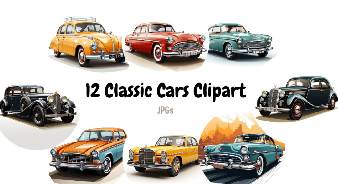 12 Classic Cars Clipart, Watercolor Car Clipart, Retro Car, Vintage Car ...