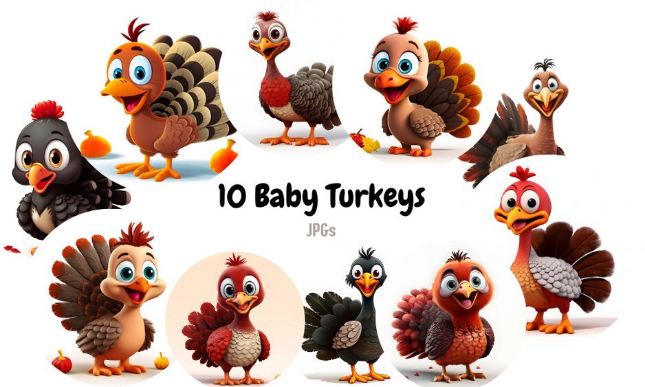 10 Baby Turkey Clipart, Cute Animal Clipart, Watercolor Turkey ...