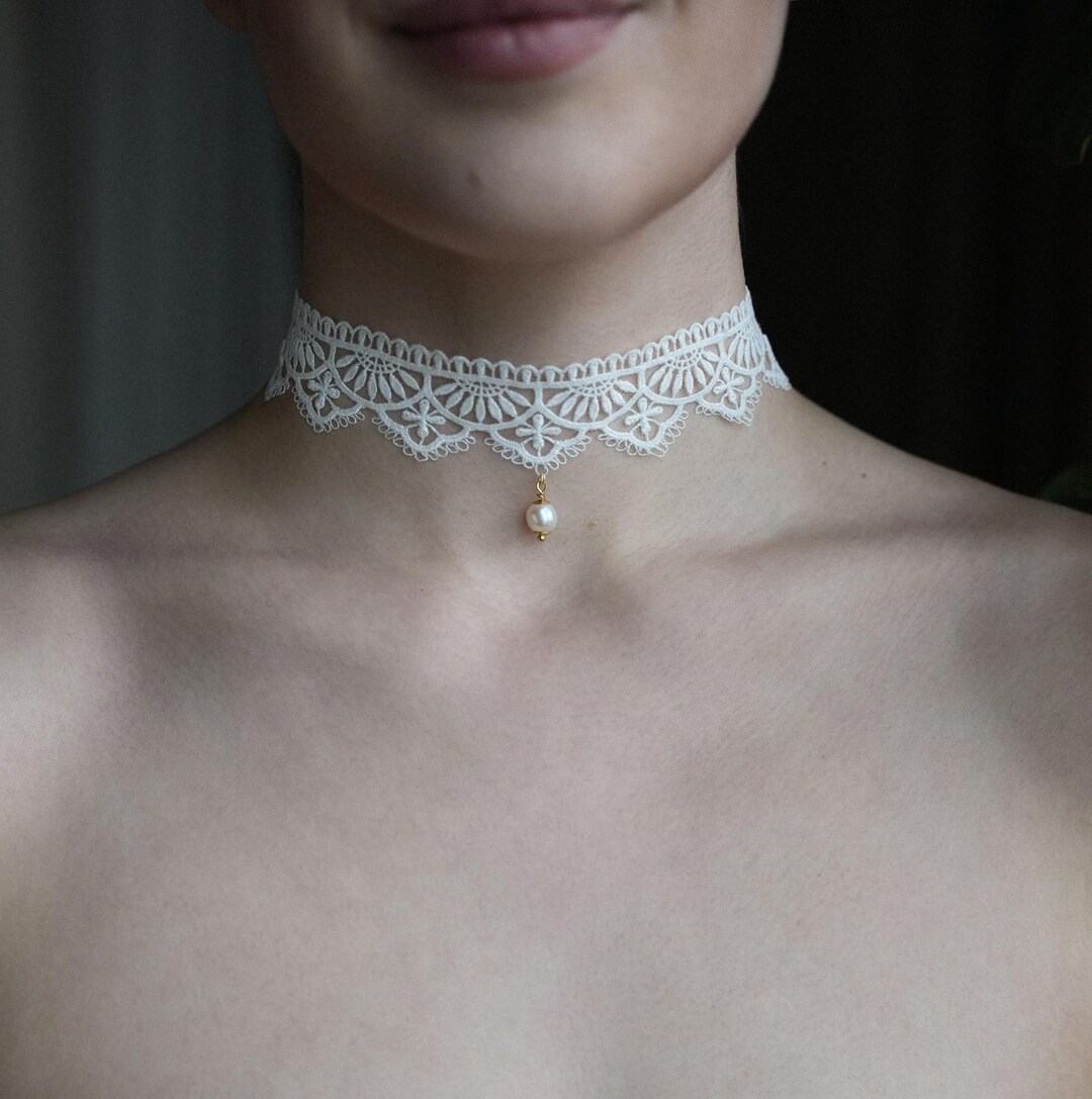 Dainty Lace Choker With Real Pearl Pendant - Etsy