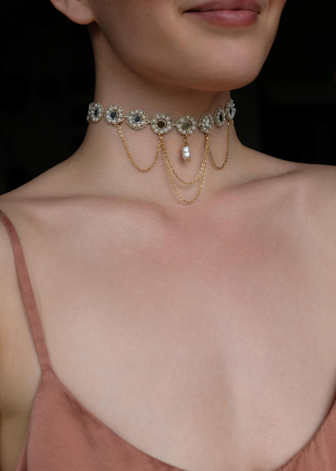 Carina Choker • Gemstone Beaded, Mirrored Chain Choker - Etsy