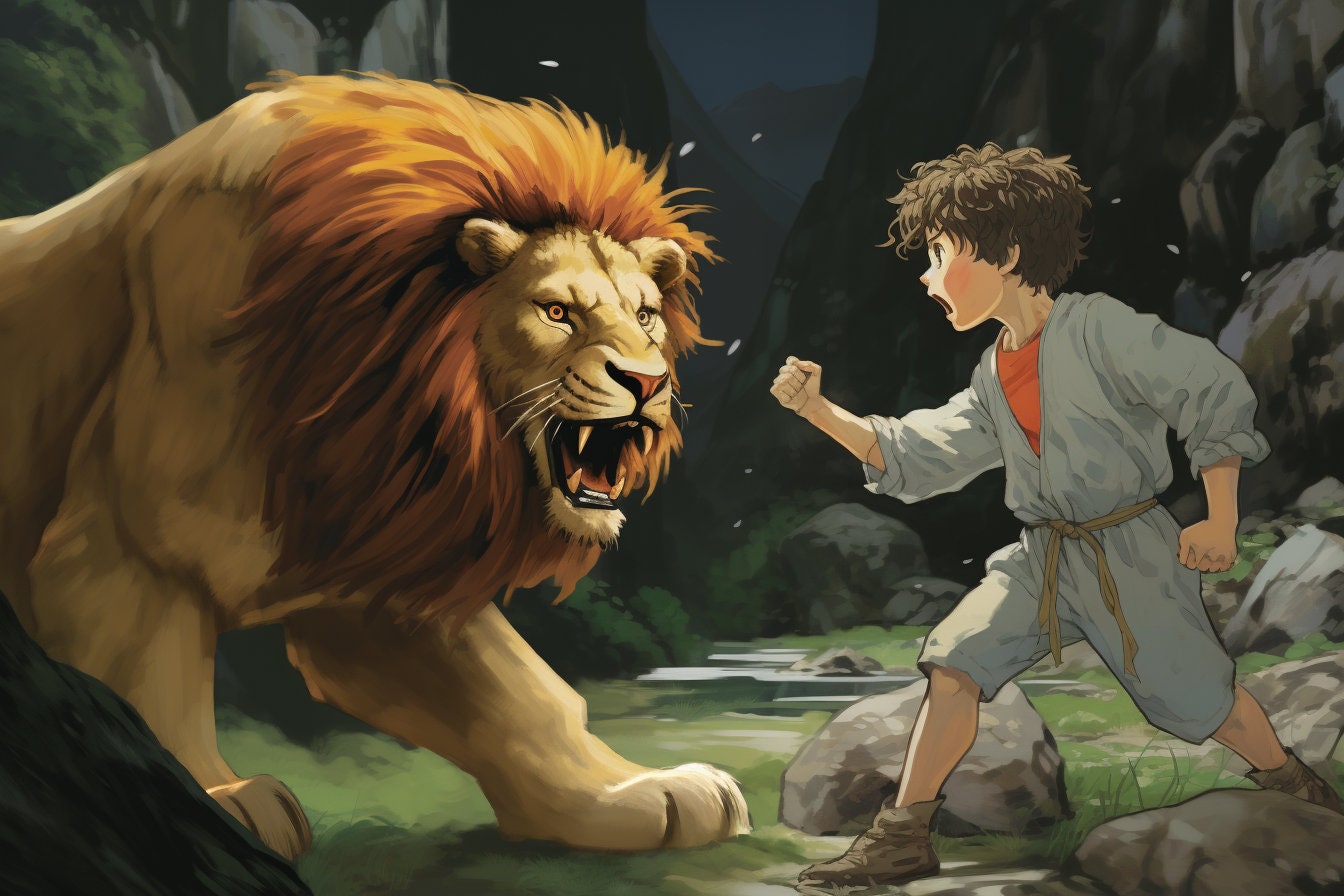 David luchando contra un león, historias bíblicas, arte mural cristiano ...