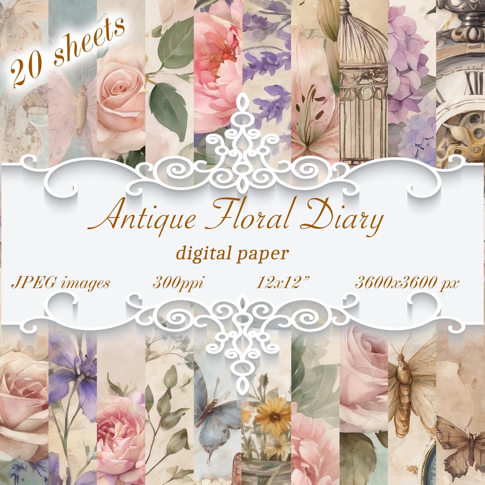 Antique Floral Digital Paper, Vintage Flower Journal Pages, Shabby Chic ...