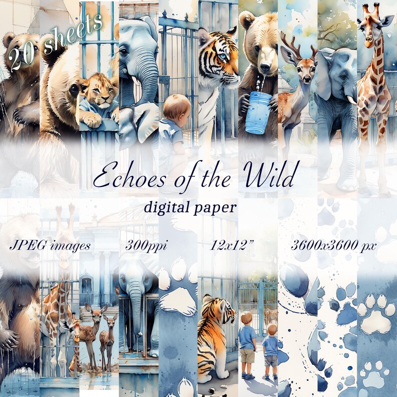 Zoo Animal Digital Paper | Watercolor Safari Clipart | Scrapbook Paper ...