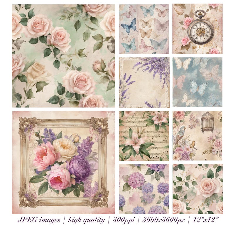 Antique Floral Digital Paper, Vintage Flower Journal Pages, Shabby Chic ...