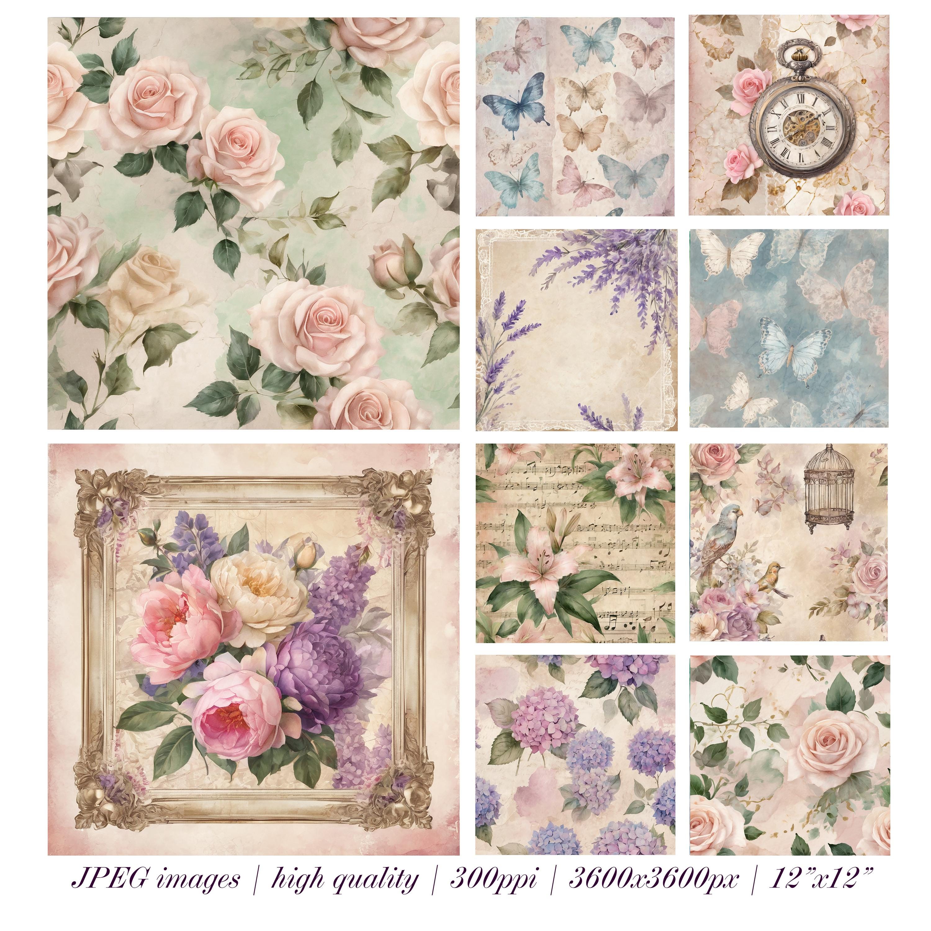 Antique Floral Digital Paper, Vintage Flower Journal Pages, Shabby Chic ...