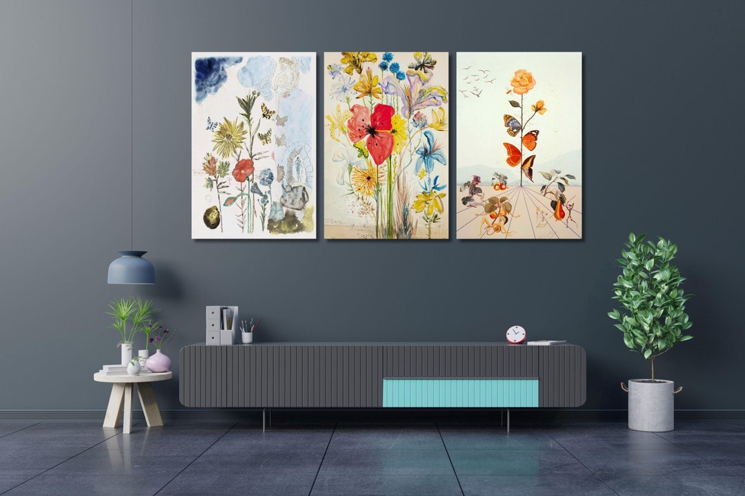 Set of 3 Salvador Dali Flowers Print on Canvas,salvador Dali Flowers Poster,dali Flowers Wall ...