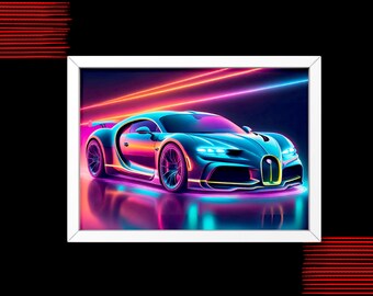 Bugatti Neon Style Digital Download Sports Car Wall Art Home Decor 3 V ...