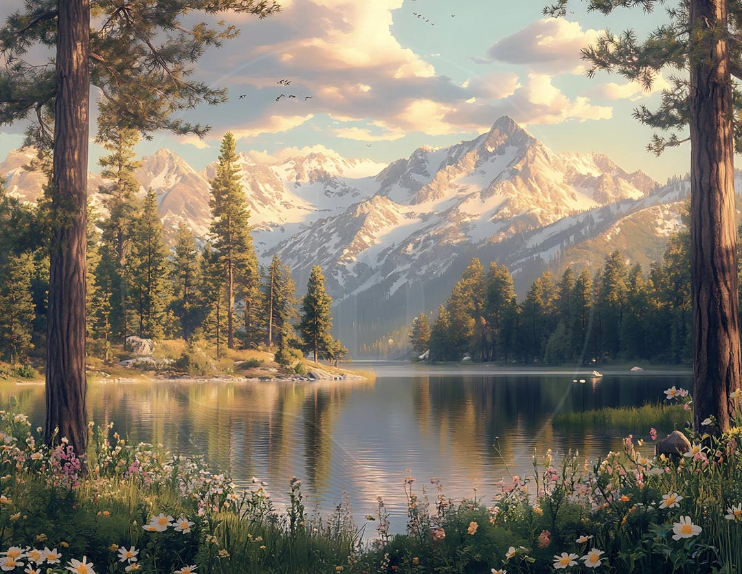 Boho Mountain Landscape Print: Spring Wildflowers, Alpine Lake (digital ...