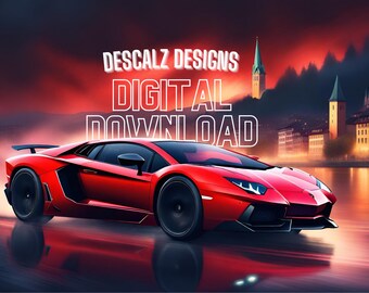 Neon Lamborghini in the City Wall Art Sleek Wallpaper Poster | Bundle Set of 4 Digital Prints ...