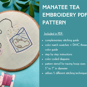 Manatee Tea Hand Embroidery Pattern, Beginning Pattern With Step by ...