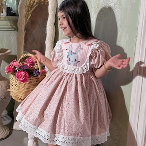 Vintage Style Girl Easter Dress, Pink Floral Bunny Embroidered Girl ...