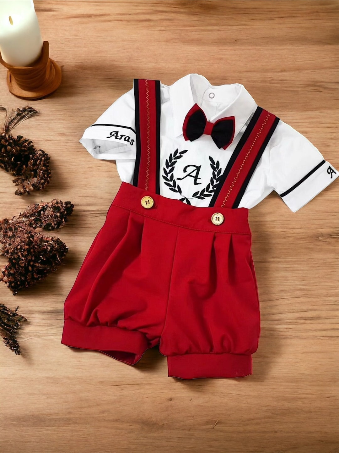 Red Baby Boy Birthday Outfit Set, Luxury Embroidered Custom Name Date ...