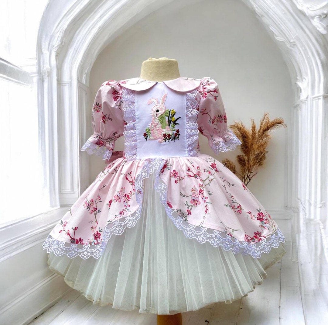 Pink Blossom Baby Girl Easter Dress With Bunny Embroidered and Tulle ...
