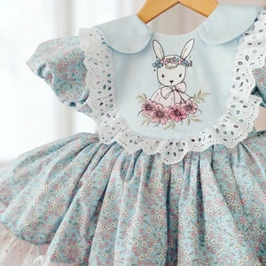 Girls Easter Dress, Bunny Embroidered Baby Blue Floral Baby Girls Kids ...