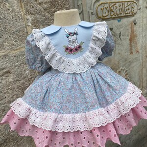 Baby Girl Easter Dress, Girls Bunny Embroidered Blue Floral Puffy ...