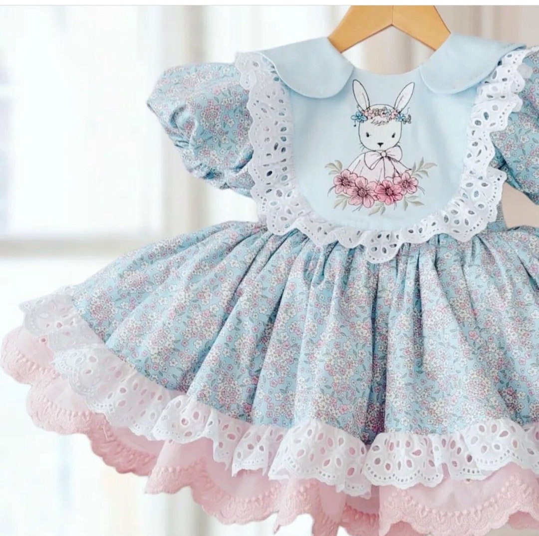 Girls Easter Dress, Bunny Embroidered Baby Blue Floral Baby Girls Kids ...
