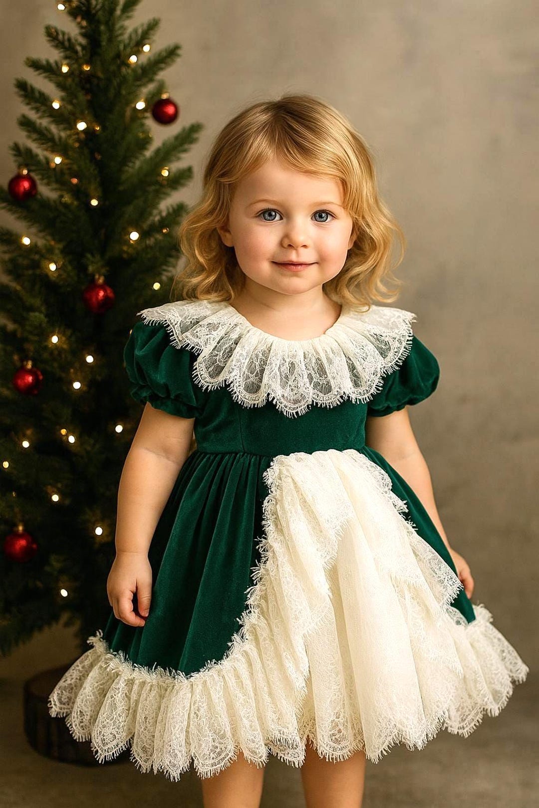 Green Velvet Lace Baby Girl Christmas Dress, Kids Green Christmas Dress ...