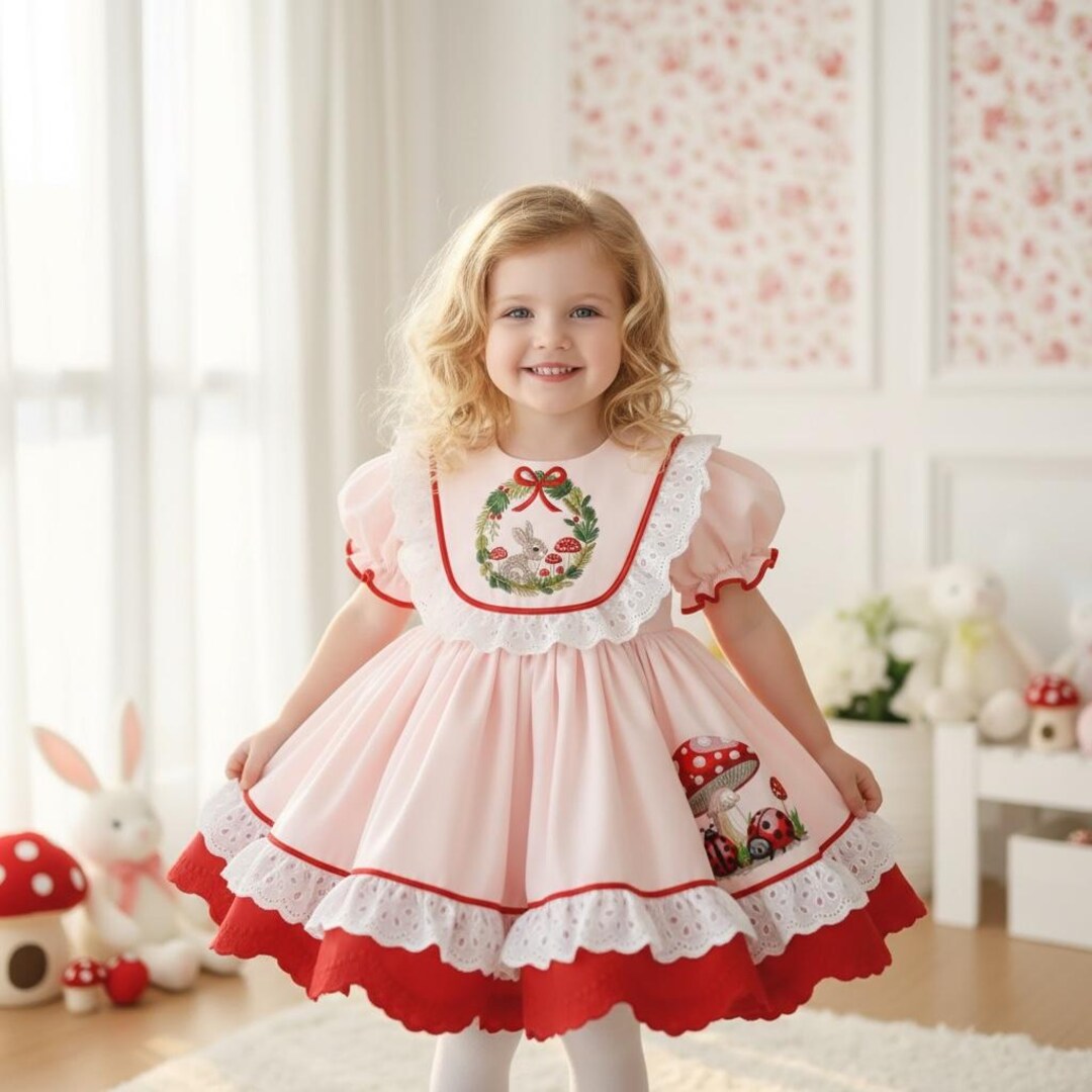 Bunny Mushroom Embroidered Girl Pink Easter Dress, Kids Girl Toddler ...