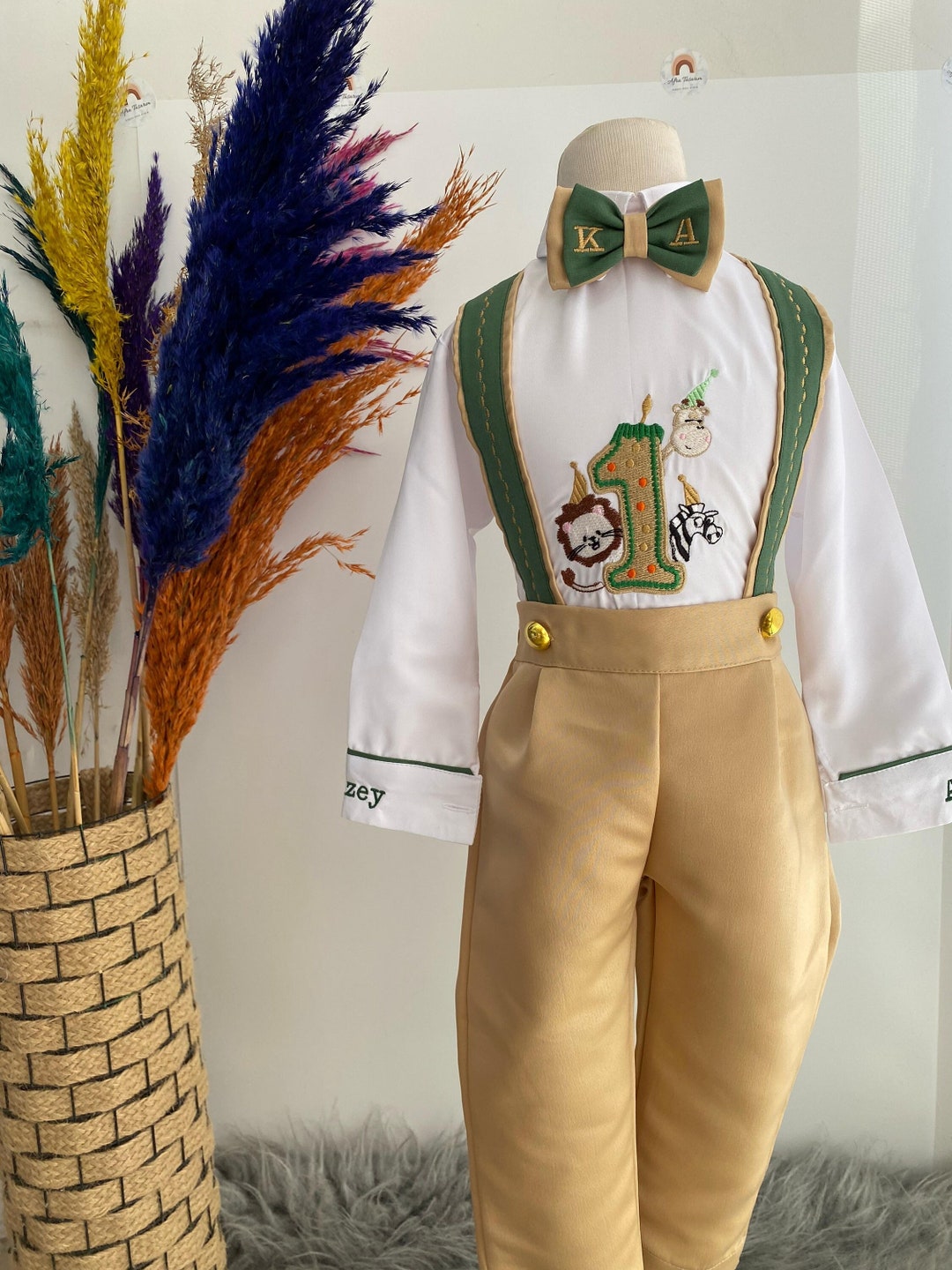 Custom Number Baby Boy Beige Birthday Outfit, Kids Birthday Suit Set ...