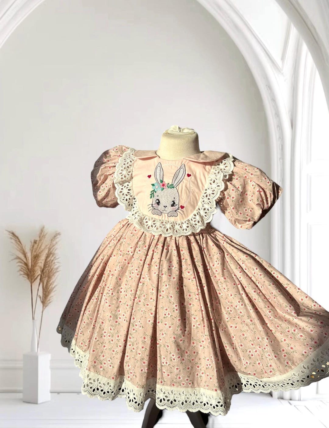 Vintage Style Girl Easter Dress, Pink Floral Bunny Embroidered Girl ...
