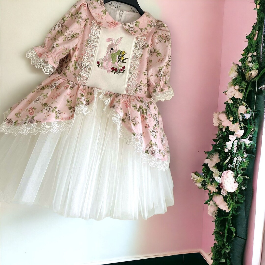 Kids Easter Dress, Baby Girl Bunny Embroidered Pink Tutu Dress, Vintage ...