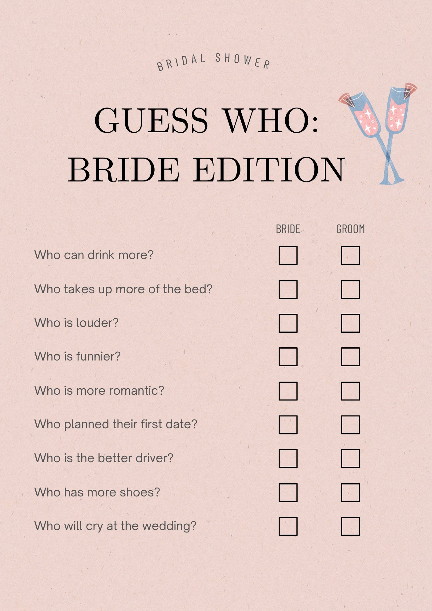 Bride and Groom Quiz Template | Wedding Shower | Bachelorette | Guess ...