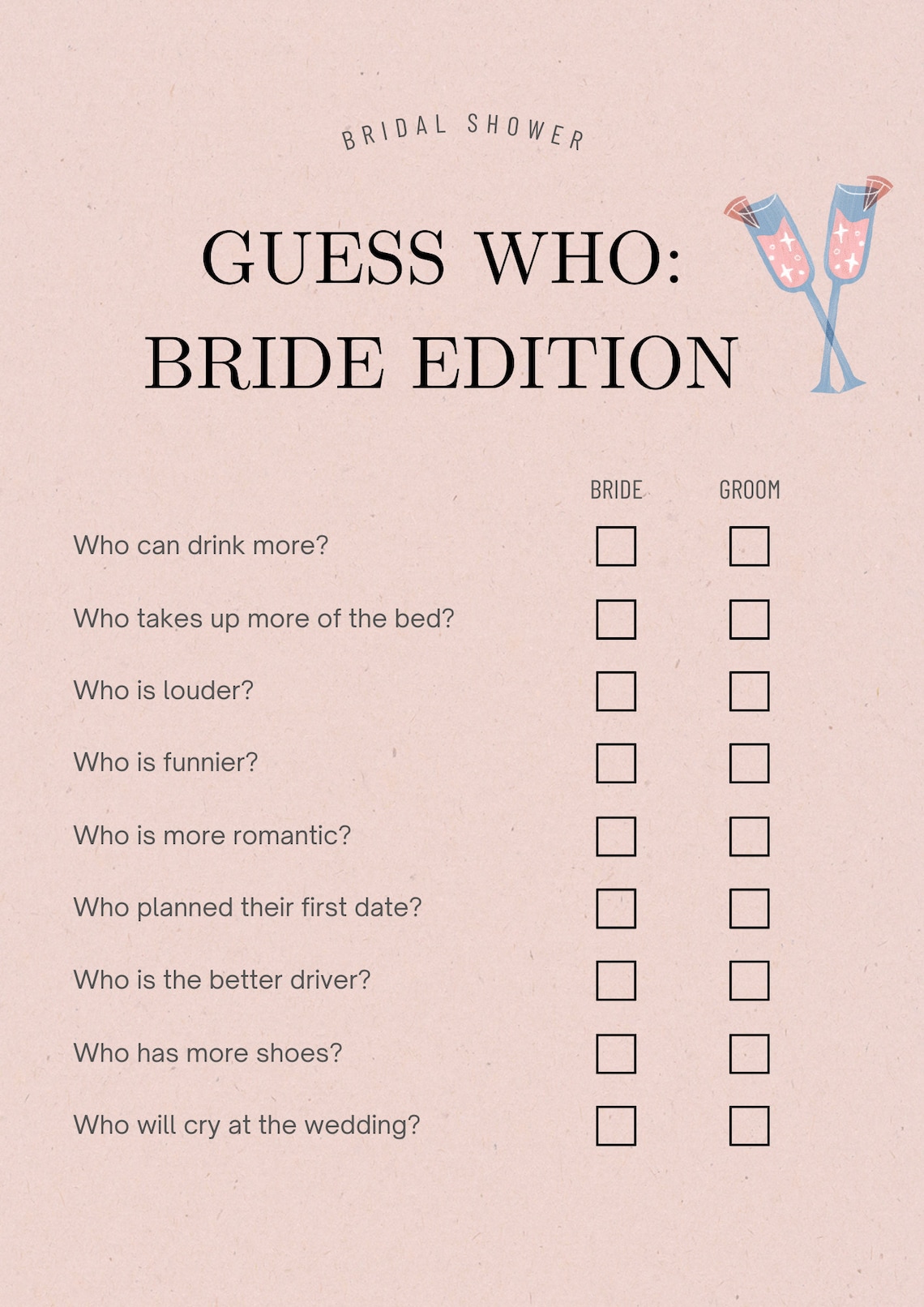 Bride and Groom Quiz Template | Wedding Shower | Bachelorette | Guess ...