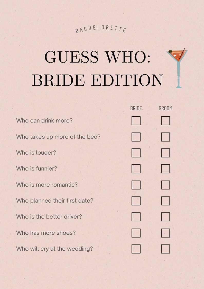 Bride and Groom Quiz Template | Wedding Shower | Bachelorette | Guess ...