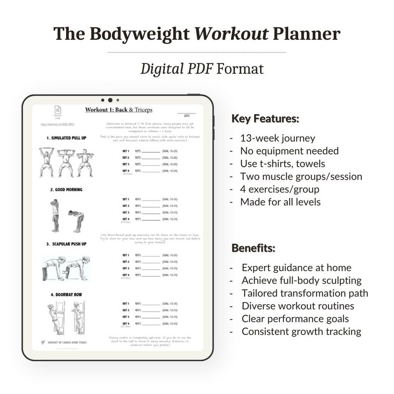 Bodyweight Home Workout Journal: 13-week Fitness Planner (digital PDF ...