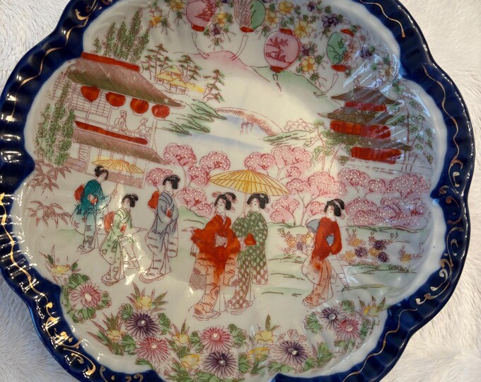Vintage Hand Painted Geisha Women Ribbon Edge Bowl Japan 8 1/2 Inches ...
