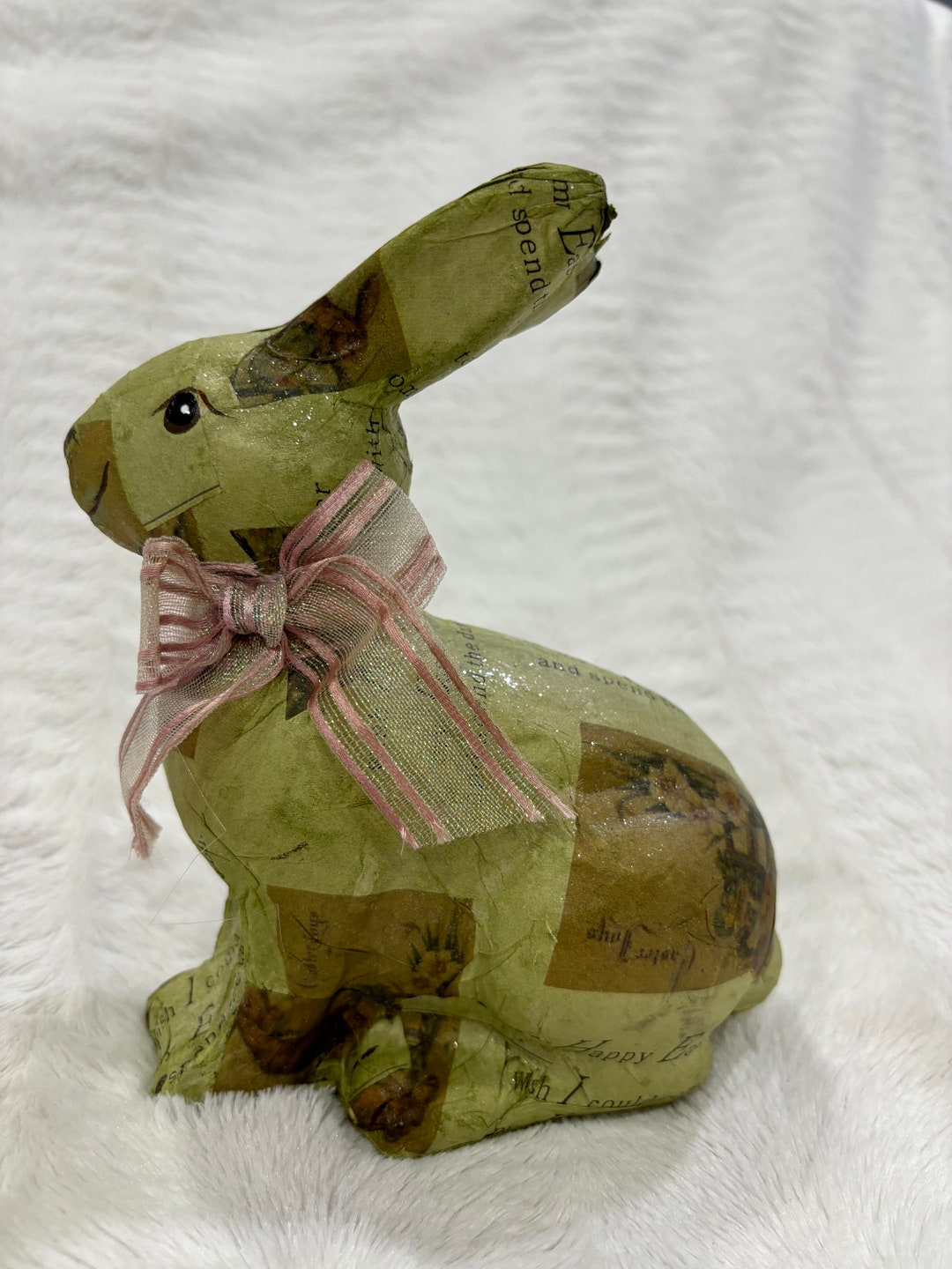Vintage Papier-mâché, Green Easter Bunny Figurine With Pink Ribbon Bow ...