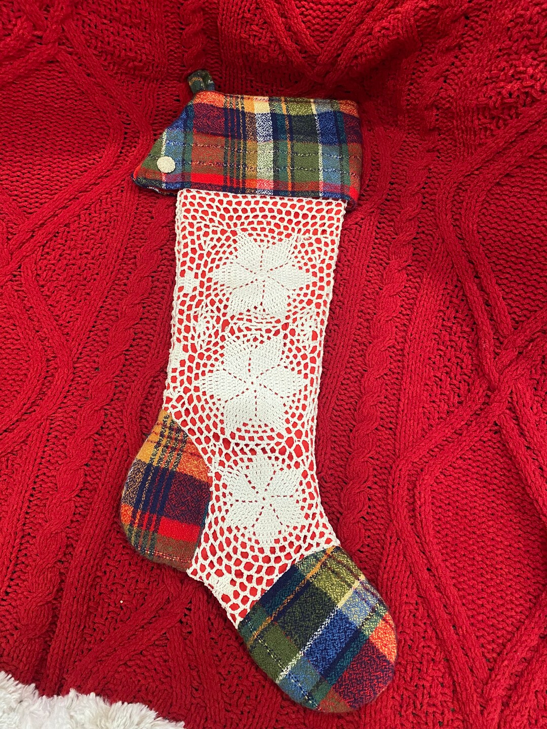 Vintage Plaid Flannel and Doily Lace Christmas Stocking 23 Inches Long ...