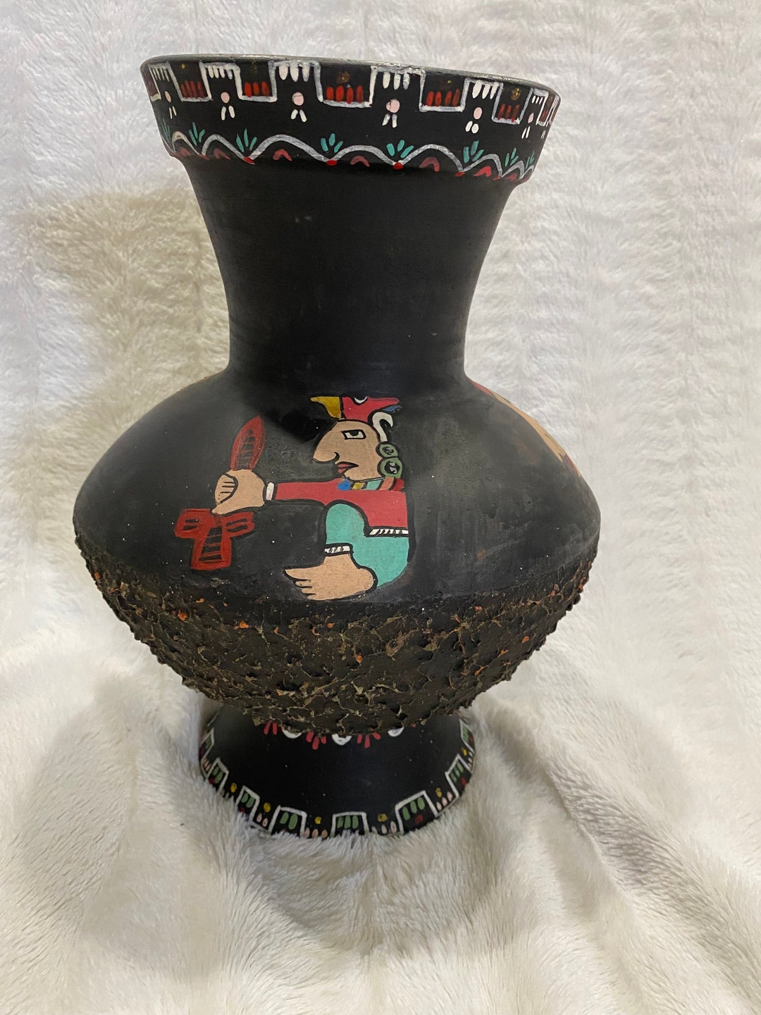 Vintage Hand Painted Aztec Pottery Vase 11 Inches Tall - Etsy