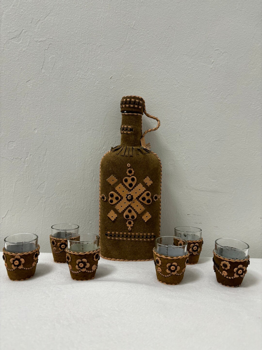 Vintage Handmade Primitive Leather Encased Glass Decanter With 6 Shot ...