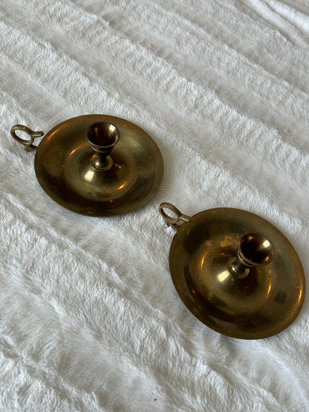 Two Vintage Solid Brass Candle Holders With Loop Handles Handcrafted in ...