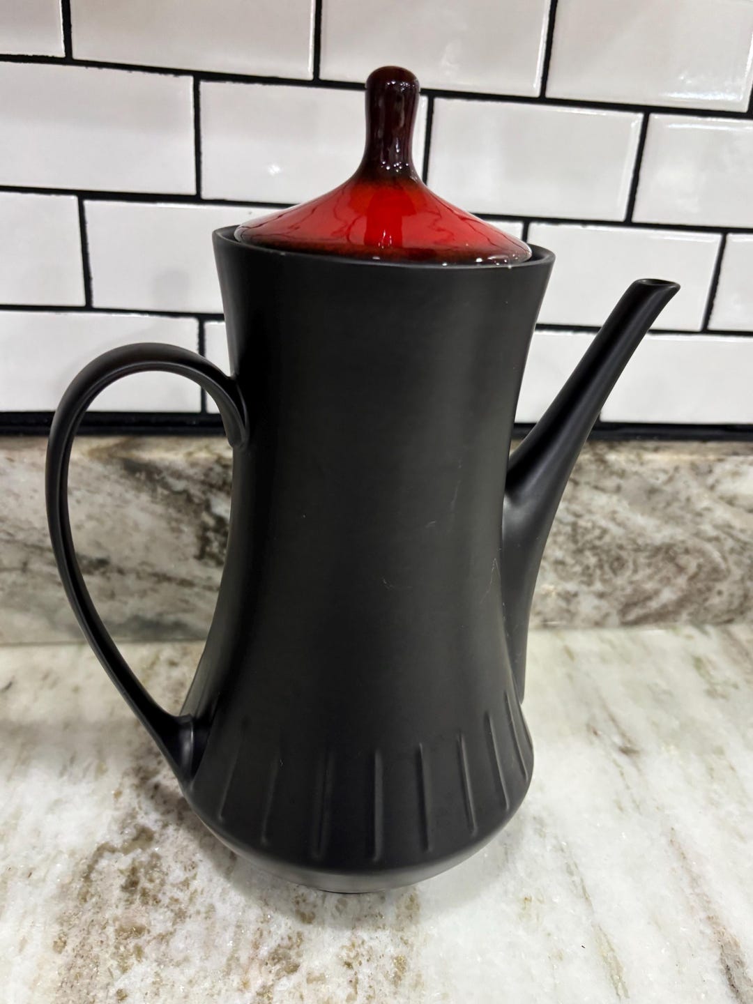 Vintage MCM Stoneware Teapot: Black and Red, 10-inch - Etsy