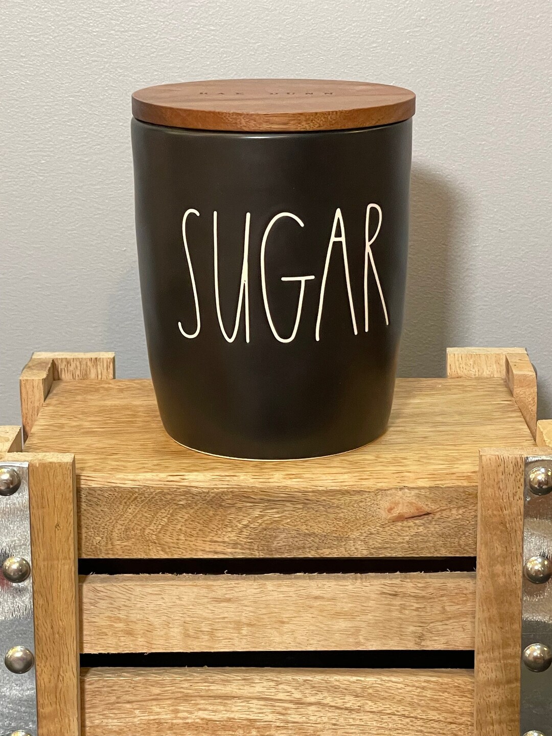 Rae Dunn Ceramic SUGAR Container in Black With Wooden Lid - Etsy