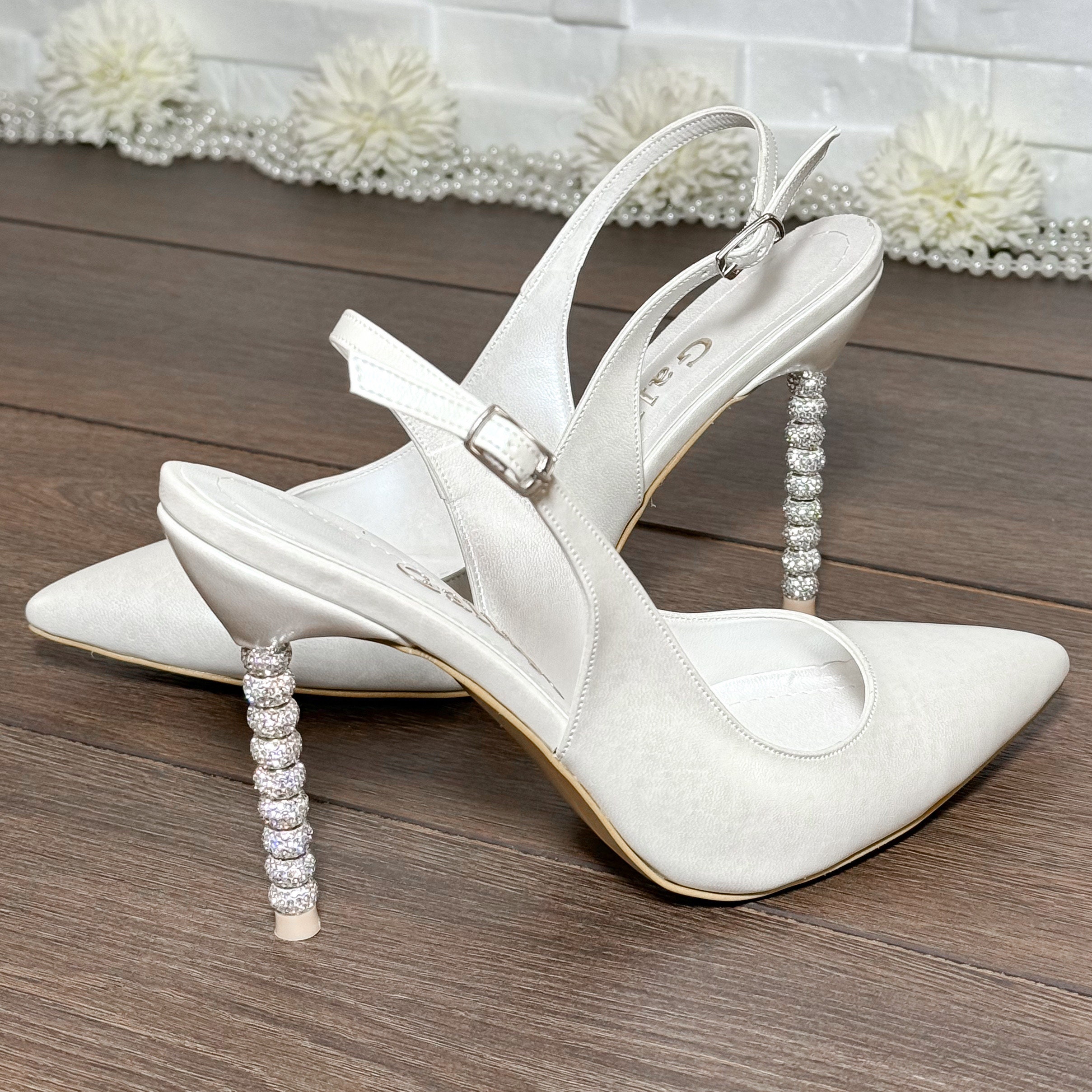 Stone Embroidered Heeled Bridal Shoes Pearl Colored Stiletto With ...