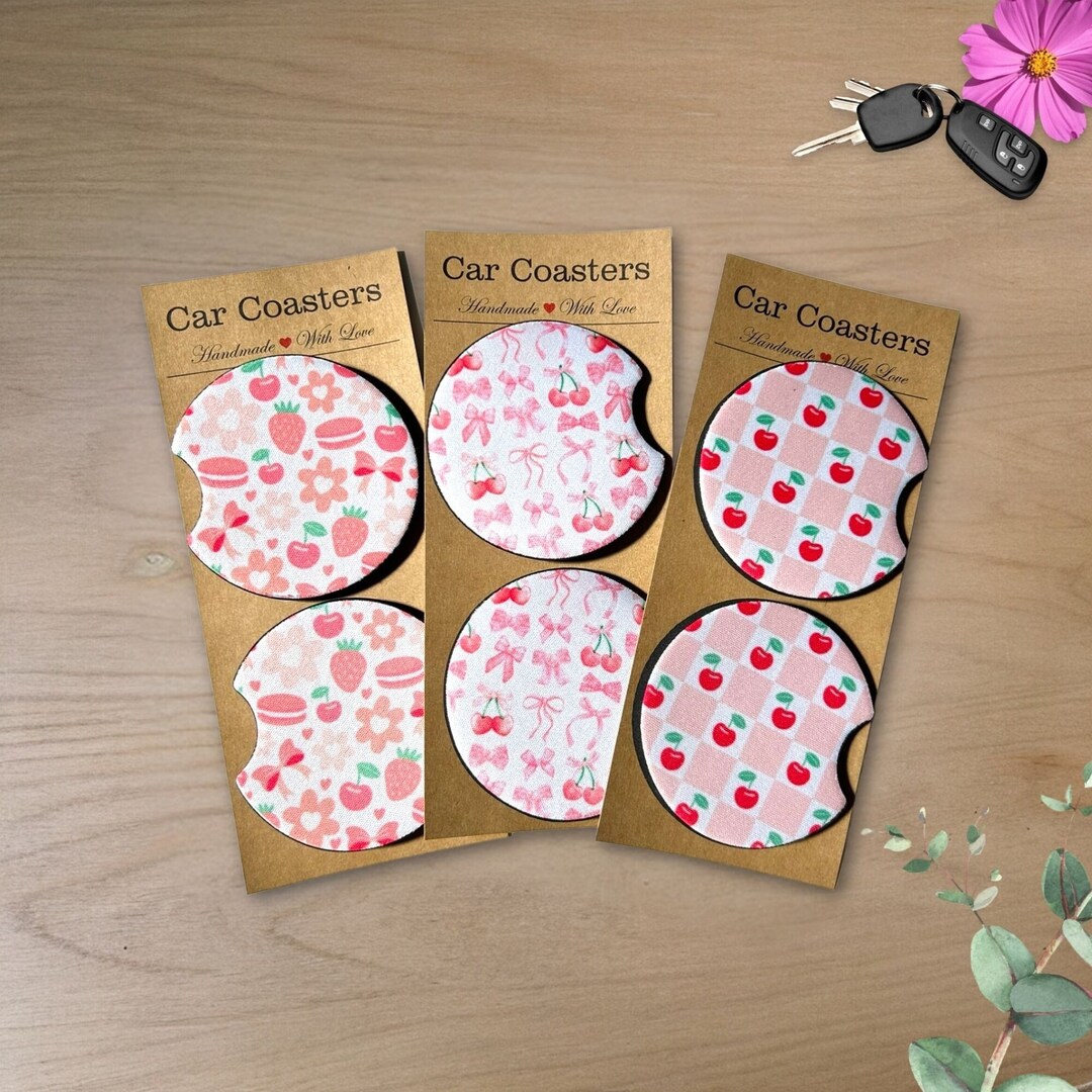 Cute Coquette Floral Car Coasters, Set of 2, Cute Aesthetic Car ...