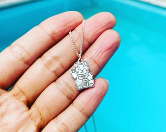 Lucky Cat Necklace Red Maneki Neko Good Luck Charm Japanese Art Pendant ...