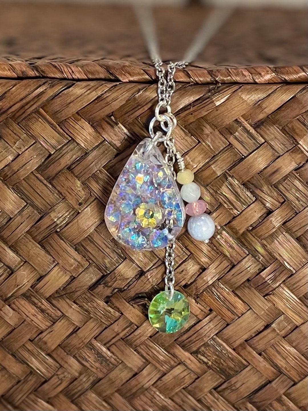 Dainty Resin Pendant Necklace, Pale Pastel Colors, Sparkly Glass Beads ...