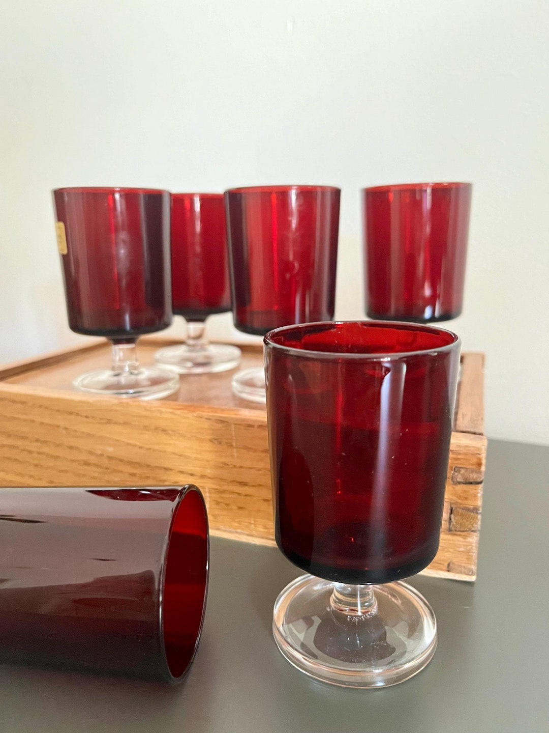 Set of 6 Luminarc Red Glasses, Round Transparent Base, Vintage French ...