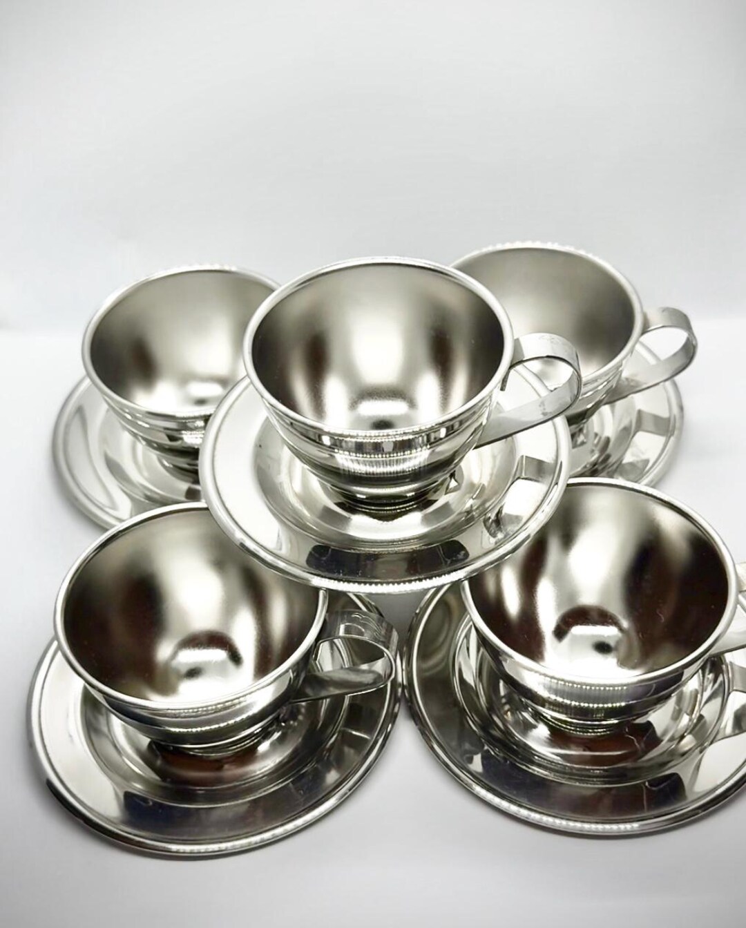 Vintage Nanni PB Italian Stainless Steel Espresso Cup & Saucer Set of 6 ...