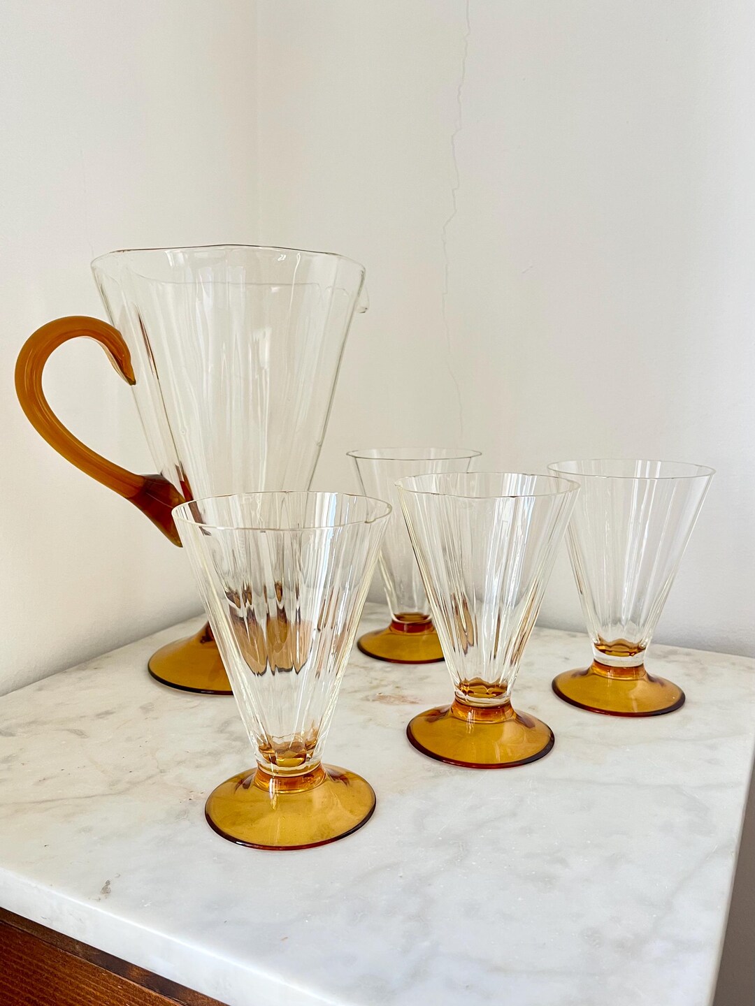 Art Deco Glass Pitcher With Amber Handle & 4 Glasses, Clear Conical ...