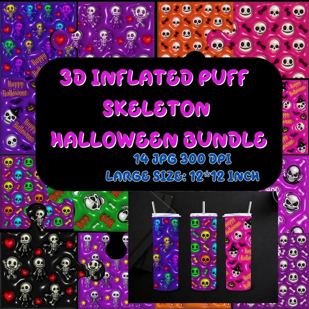 3D Inflated PUFF Black SKELETON Halloween Design 14 Halloween - Etsy