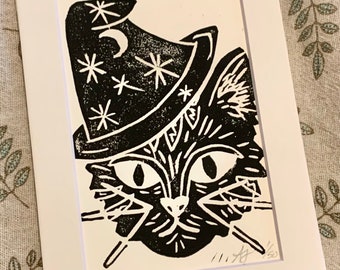 Magical Wizard Cat Linocut Block Print 4 X 6 Mini Print Printmaking ...