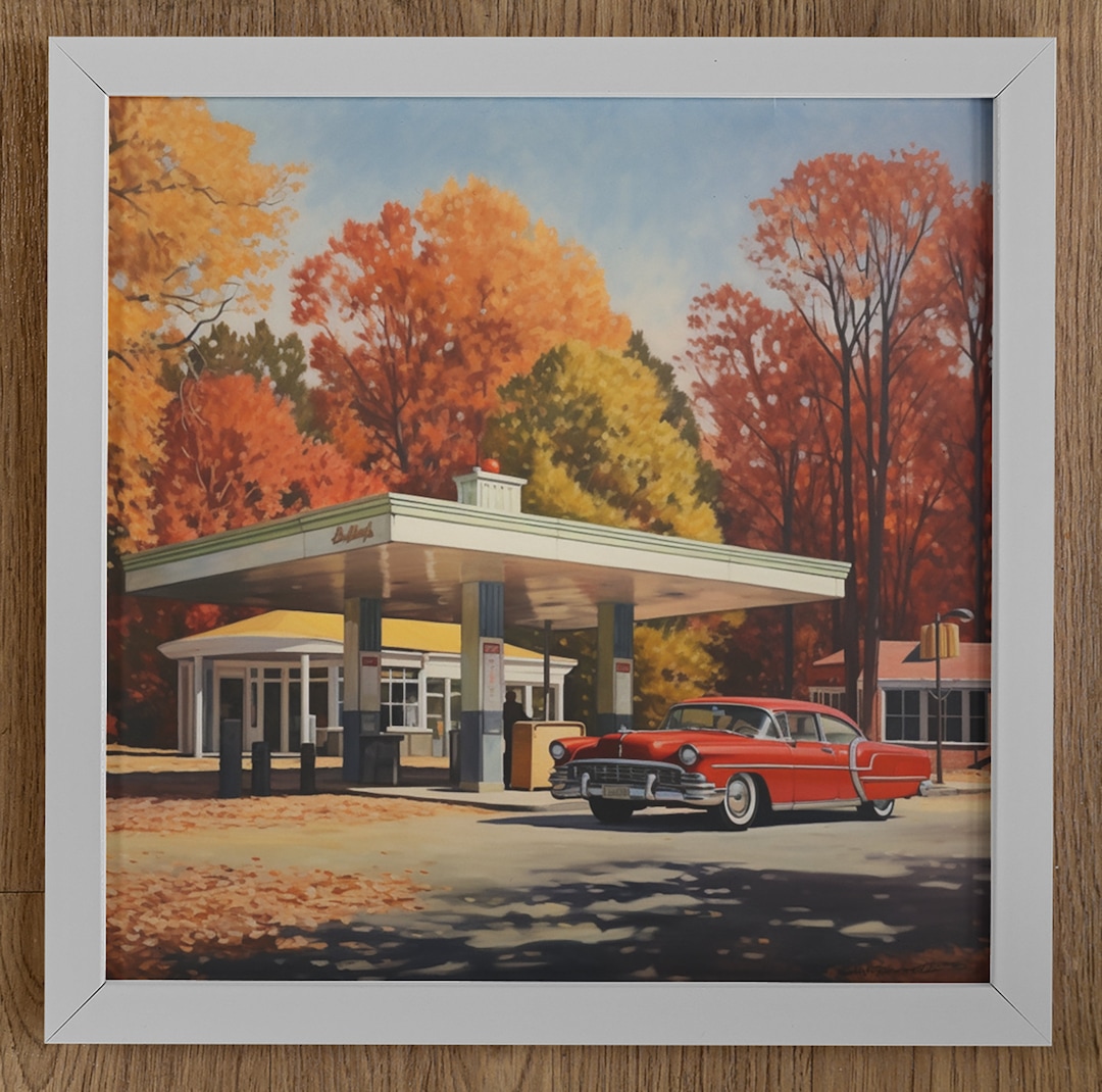 1950s Shell Gas Station in Fall Print Red 1953 Cadillac - Etsy