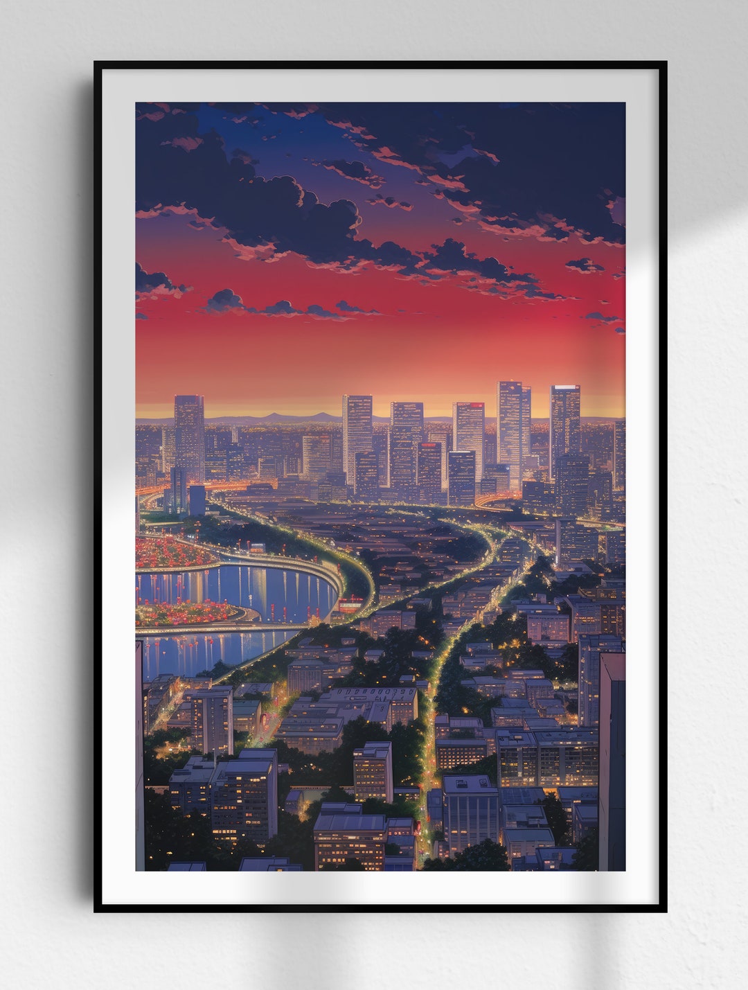Japanese City at Night Aerial View Cityscape Print | Dusk Orange Sky ...
