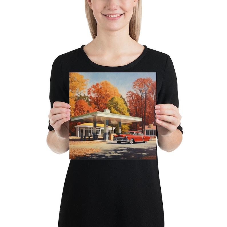 1950s Shell Gas Station in Fall Print | Red 1953 Cadillac Series 62 ...