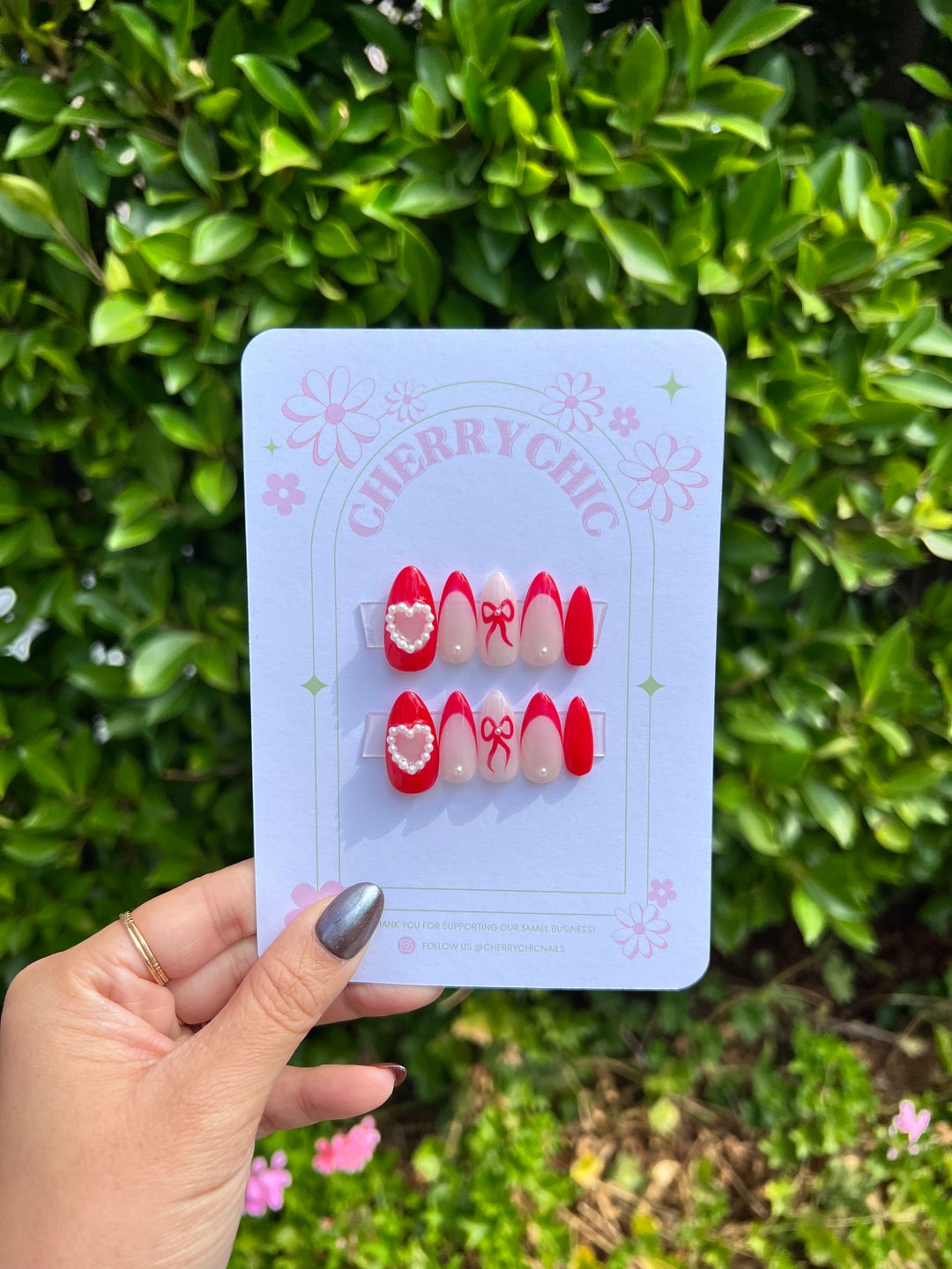 Red French Tip Heart Charm Press-on Nails - Etsy